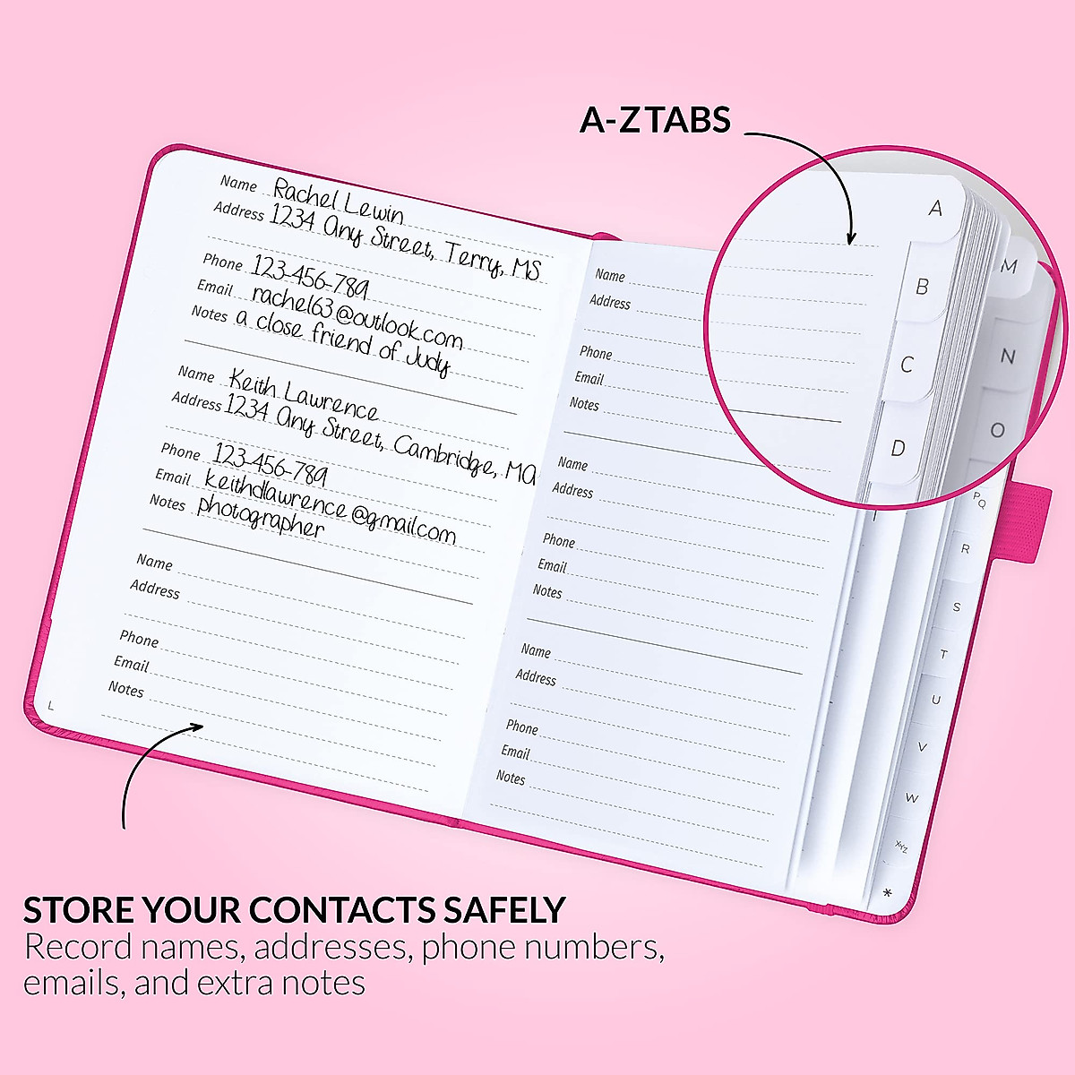 GoGirl Address Book – Telephone and Address Book with Alphabetic Tabs for Safely Storing Contacts, Small-Sized (4.0″ x 5.5″) PU Leather Hardcover – Hot Pink