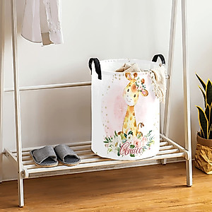 Floral Jungle Giraffe Personalized Laundry Basket Clothes Hamper with Handles Waterproof,Custom Collapsible Laundry Storage Baskets for Bedroom,Bathroom Decorative Large Capacity