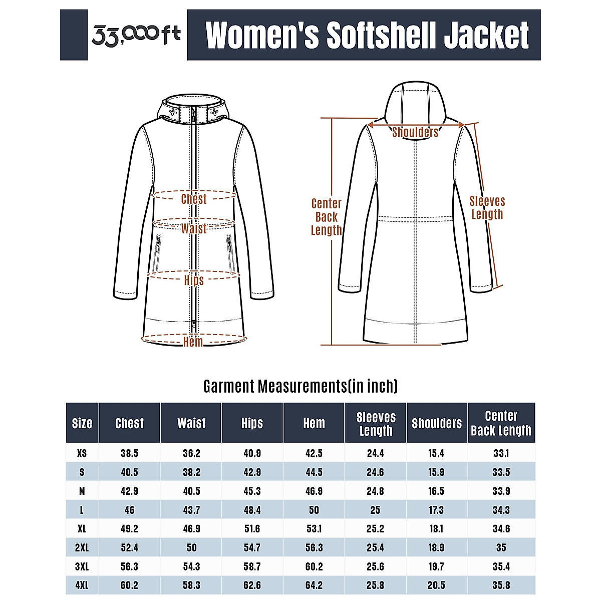 33,000ft Women's Waterproof Softshell Long Rain Jacket with Hood Fleece Lined Windproof Windbreaker