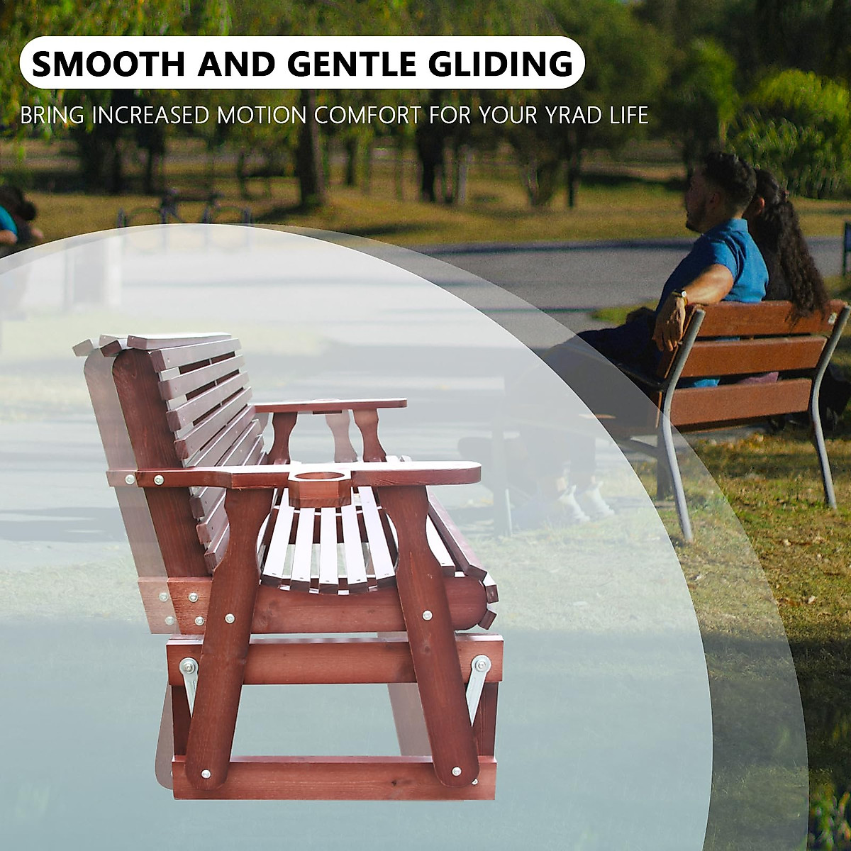 Beneouya 5FT Heavy Duty 800 LBS Porch Glider, Outdoor Glider Bench with Roll Back Pressure Treated with 2 Cupholders and Deep Contoured 2-Seater for Outside Patio, Yard, Balcony, Porch,Dark Brown