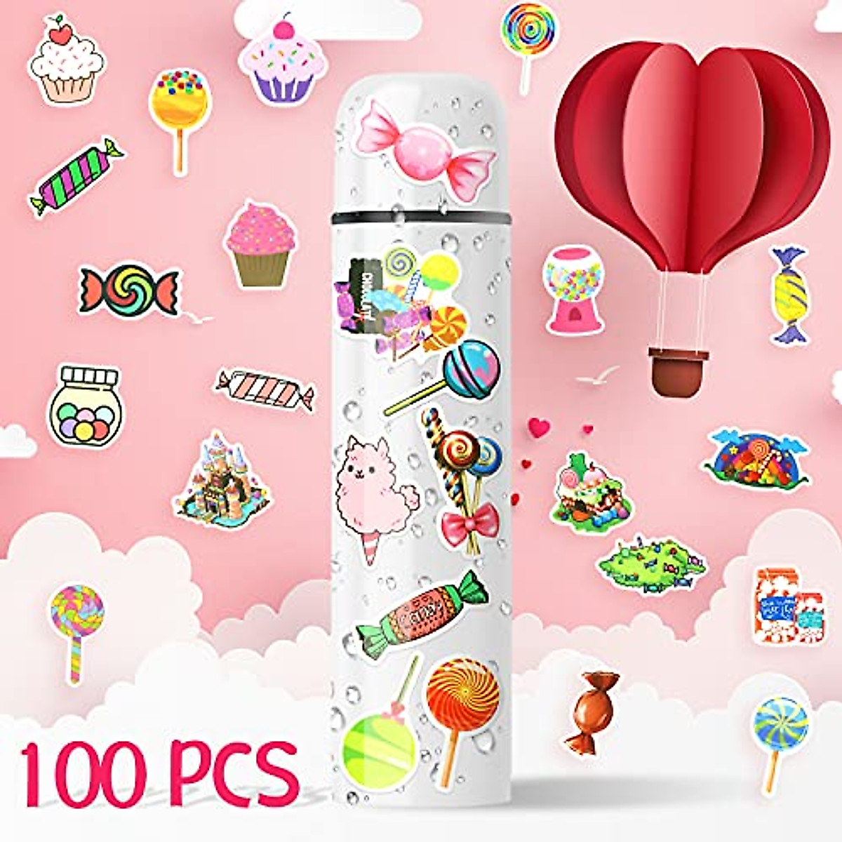 100 Pieces Cute Sweet Treats Candy Stickers, Waterproof Vinyl Decal Dessert Stickers Ice Cream Cupcake Stickers for Laptop, Water Bottle, Skateboard, Teachers Reward Stickers for Kids Students