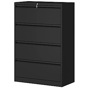 YITAHOME Lateral Filing Cabinet with Lock, 4 Drawer Metal Stainless Steel Wide Lateral File Cabinet for Legal/Letter A4 Size, Office Organizer Storage Cabinet (Black)