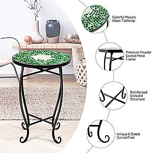 Giantex Outdoor Side Table, Mosaic Patio Table, 14inch Accent Table Plant Stand, Ceramic Tile Top Metal Frame, Small End Table Porch Beach Patio Garden Balcony Poolside