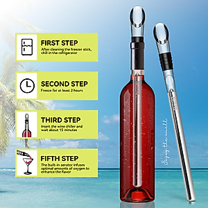 Wine Chiller - Wine Cooler Stick, 3 in 1 Stainless Steel Wine Bottle Chiller with Aerator and Pourer, The Best Holiday Gifts.