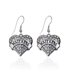 Inspired Silver - Waitress Charm Earrings for Women - Silver Pave Heart Charm French Hook Drop Earrings with Cubic Zirconia Jewelry