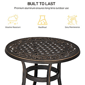 VINGLI 24” Cast Aluminum Outdoor Side Table, All Weather Round Patio Coffee Table Porch Table Outdoor Bistro Table Outdoor End Table Bronze