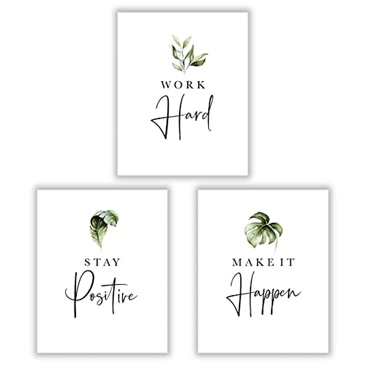 Botanical Inspirational Motivational Wall Art Office Decor - Unframed Set of 3 - 8x10 inch - Black and White Sage Green Leaf Plant Wall Art Posters for Office, Positive Office Decor, Inspirational Motivational Office Wall Decor Posters, Office Wall Art fo