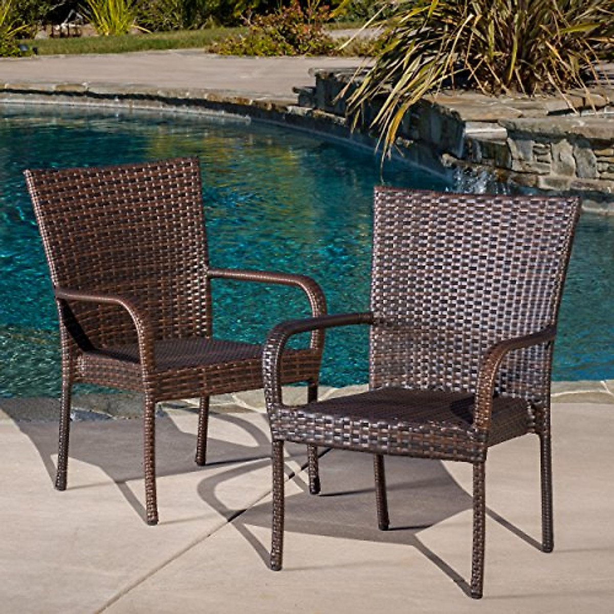 Set of 2 Stackable Outdoor Brown Wicker Dining Chairs