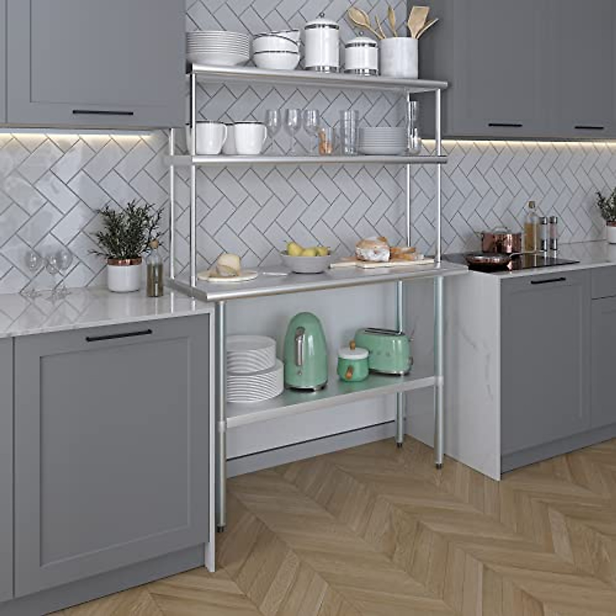 18" x 48" Stainless Steel Work Table with 12" Wide Double Tier Overshelf | Metal Kitchen Prep Table & Shelving Combo