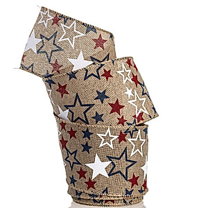 Red White Blue Stars Pattern Wired Edge Burlap Ribbon, 10 Yards by 2.5 Inches (Style 3)