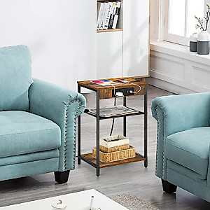 melos Nightstand with Charging Station, 3 Tier End Table with USB Ports & Power Outlets, Narrow Side Table for Small Spaces, Bedside Tables for Bedroom, Living Room, Rustic Brown