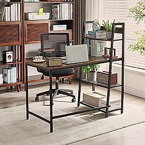 Aibiju Computer Desk with Shelf, 44 inch Home Office Writing Desk with Bookshelf, Industrial Desk with Metal Frame, Kitchen Storage Shelf Table, Office Workstation, Retro Brown YD-TMJ101H