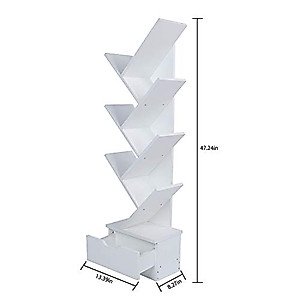 TINSAWOOD 7-Shelf Rack Bookcase, Wooden Tree Bookshelf, Free Standing Book Storage Organizer, for Books/CDs/Albums/Files Holder in Living Room Home Office, White