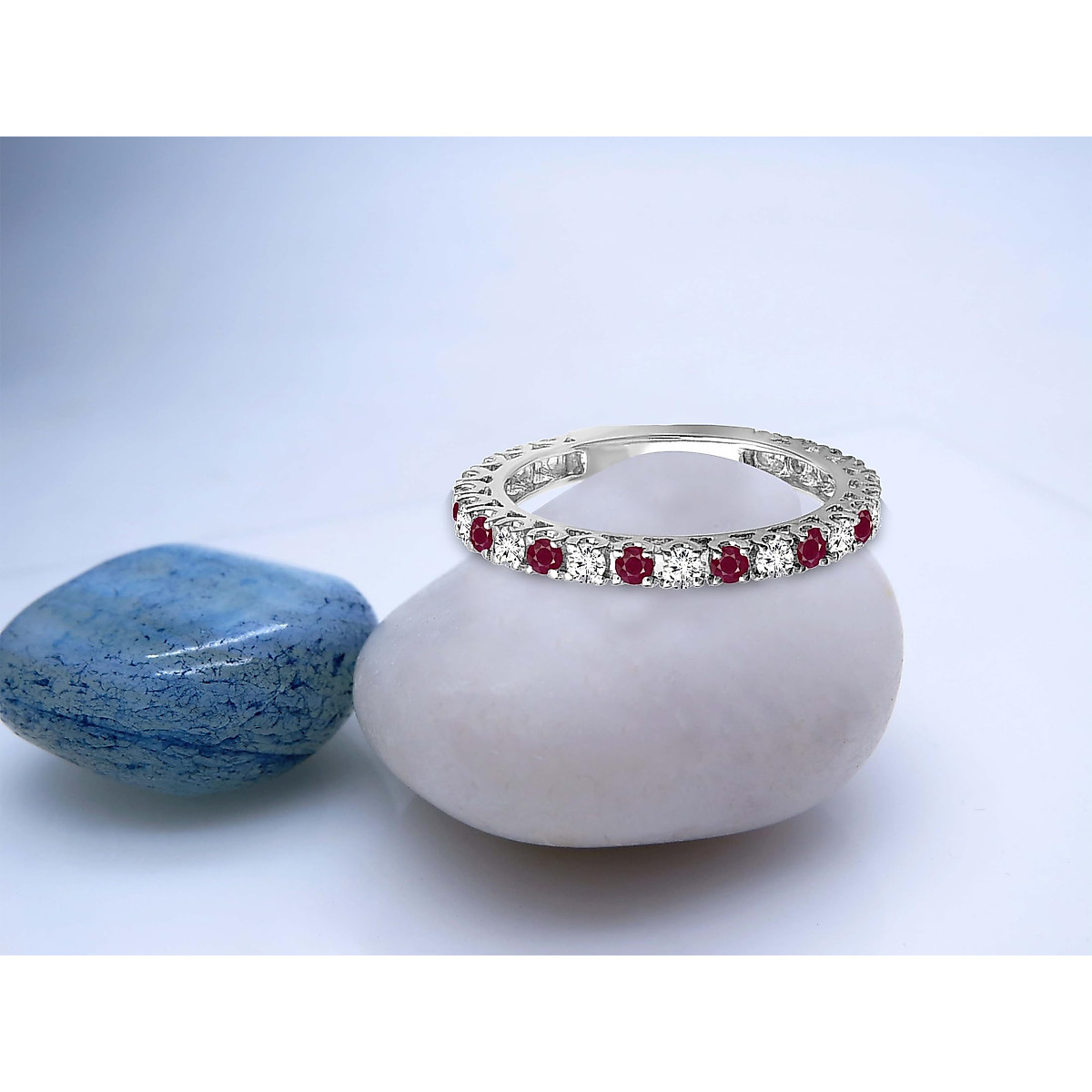 Dazzlingrock Collection 10K Round Ruby And White Diamond Eternity Stackable Ring Anniversary Wedding Band, White Gold, Size 7