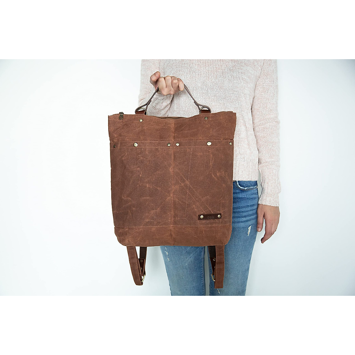 Small Convertible Totepack /Minimalist Slim Everyday Travel Daypack Women/ 14 Inch Laptop Backpack/ 8 Pocket College Bookbag/ Waterproof Lining/ Waxed Canvas & Leather/ Urbanist (Cinnamon Brown)