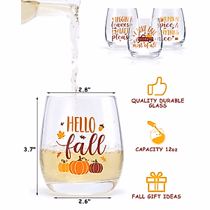 Nefelibata Fall Wine Glass Fall Cups Hello Fall Fall Leaves Pumpkin Spice Stemless Wine Glass Tumbler for Table Decor Wedding Birthday Thanksgiving Gift Ideas 12oz Set of 4