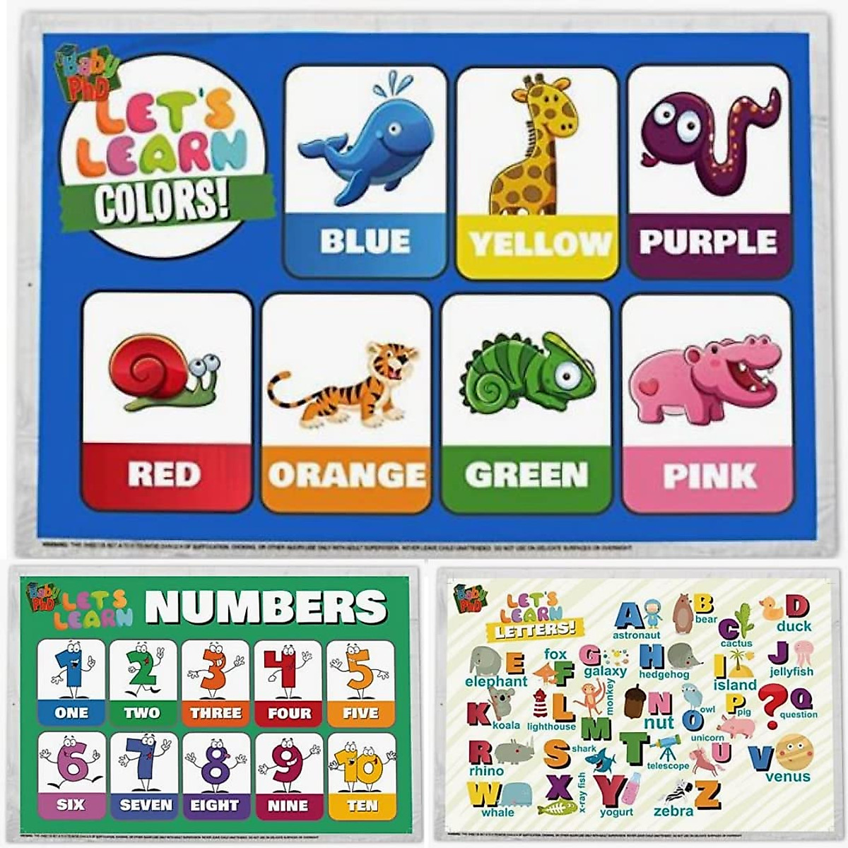 Baby PhD Disposable Placemats for Baby, Kids, & Toddlers - Let's Learn Design - Table Mat or Topper for Restaurants, Stick-On Placemat for Travel, Sticky Strips Stay in Place - 3 Designs, Pack of 60