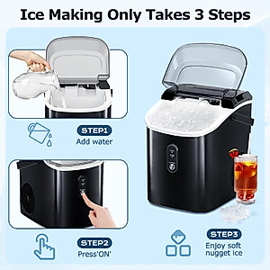 ZAFRO Nugget Ice Maker Countertop with Handle, Stainless Steel ice Machine with Self-Cleaning, 35.5Lbs/24Hrs, Chewable Ice Cubes, with Ice Basket/Ice Scoop for Home/Office/Bar/Party, Black