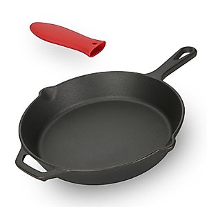 GreatChef Cast Iron Skillet, 10.25 Inch Pre-Seasoned Frying Pan with Silicone Hot Handle Holder - Versatile for Oven, All Stovetop, Grill, Campfire - Searing, Sautéing, Broiling, Frying
