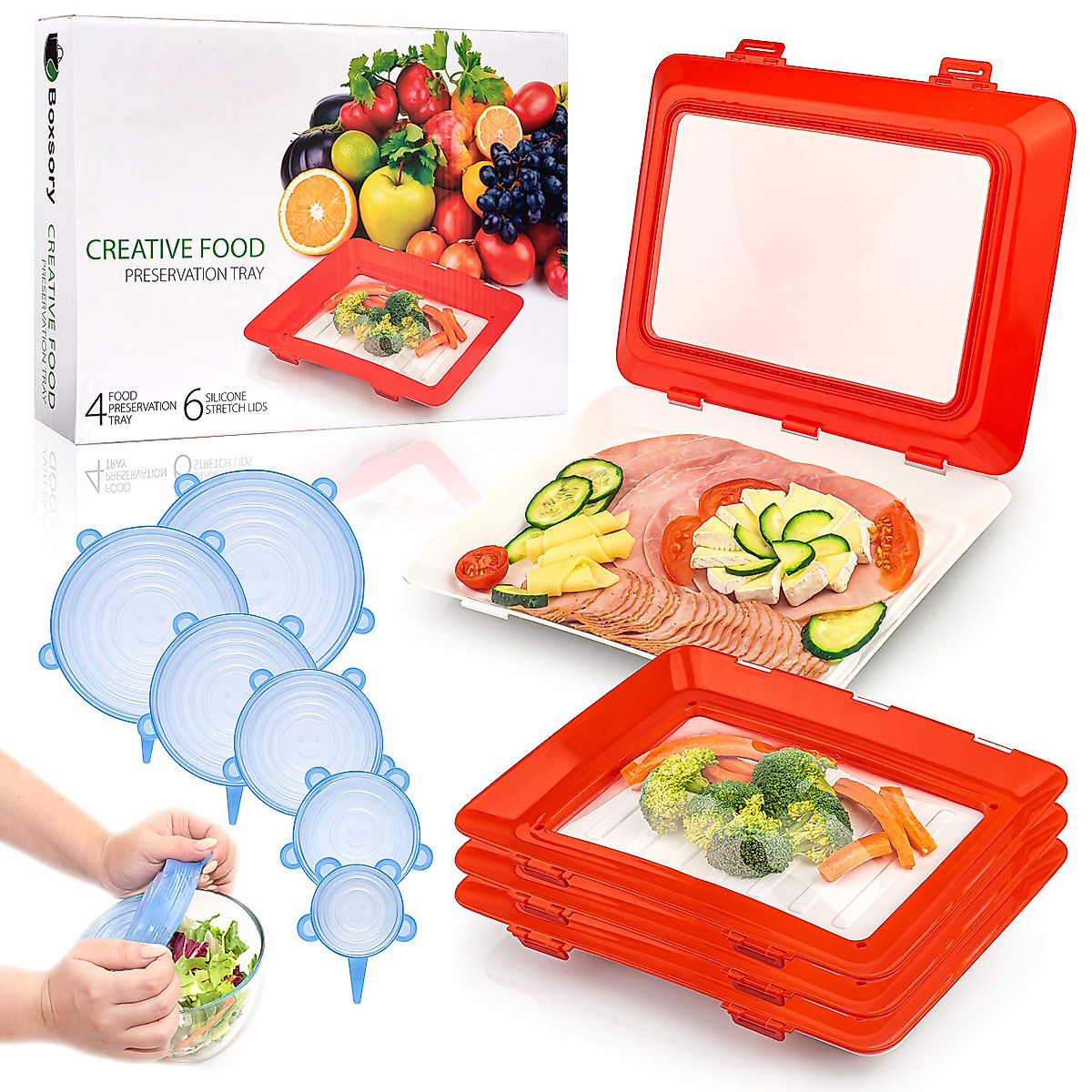 BOXSORY Food Preservation Trays - New Version 2021, Stackable, Reusable and Odor Free - Dishwasher Safe Refrigerator Storage Tray (4pcs) + Stretch Lids (6pcs)