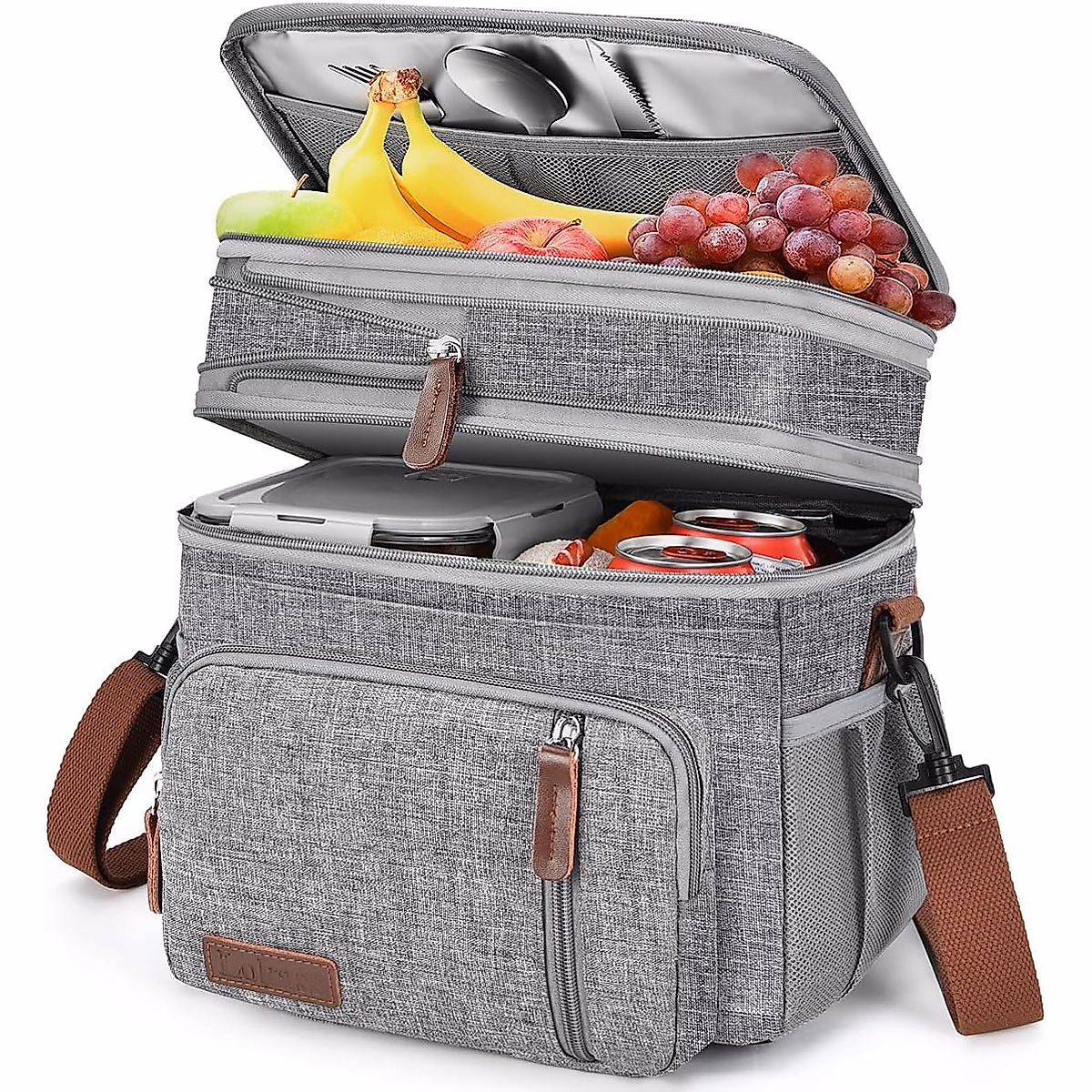 LOKASS Lunch Bag for Women/Men Work, 16L Expandable Double Deck Lunch box, Waterproof Leak-proof Cooler Bag, Portable Meal Prep Lunchbag with Adjustable Shoulder Strap-Grey