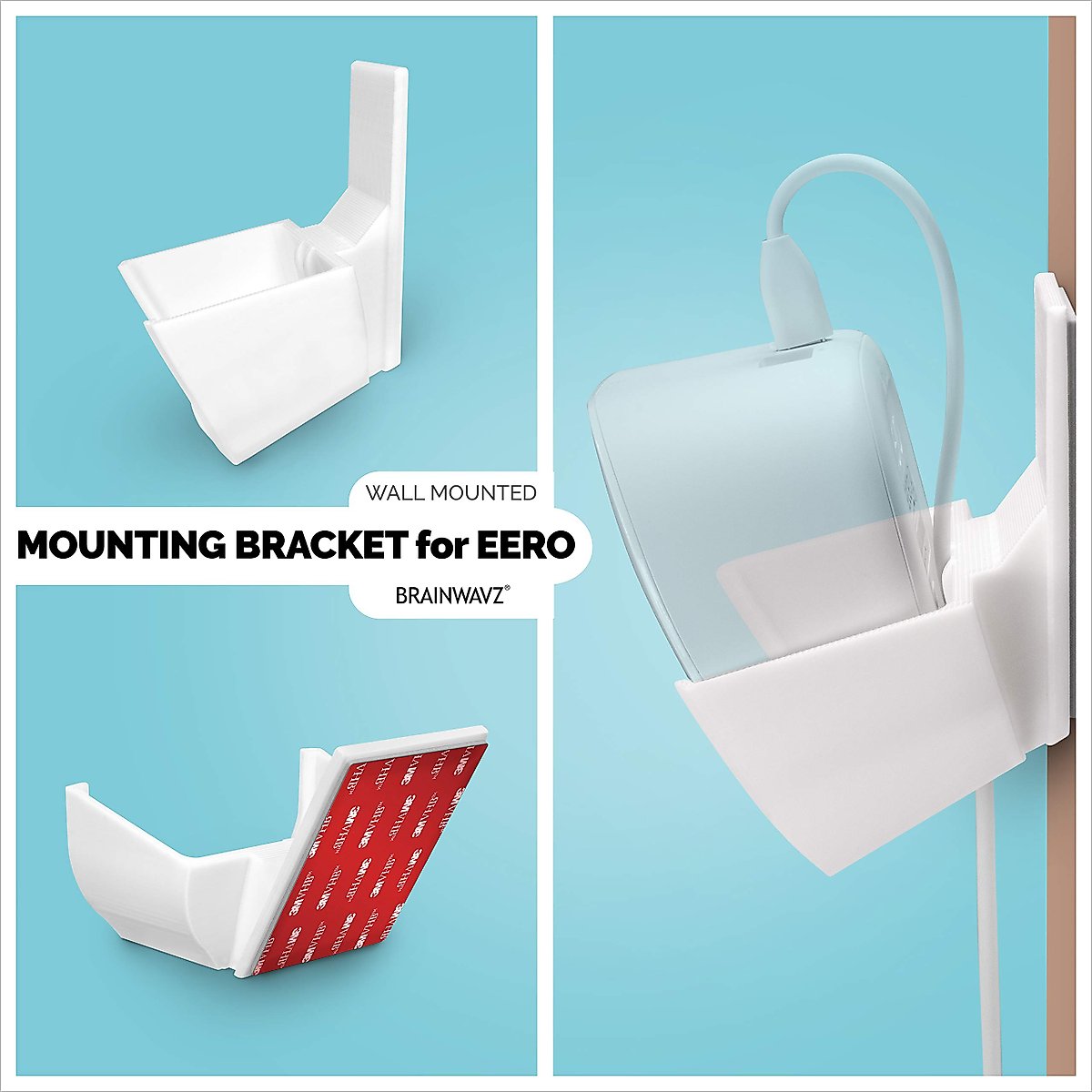 Screwless Wall Mount for Eero Mesh WiFi Holder, Tilted for Max Reception, Custom Design (NOT Compatible with Eero 6/Pro 6/Beacon), Strong VHB Adhesive, No Tools, No Mess, White by Brainwavz