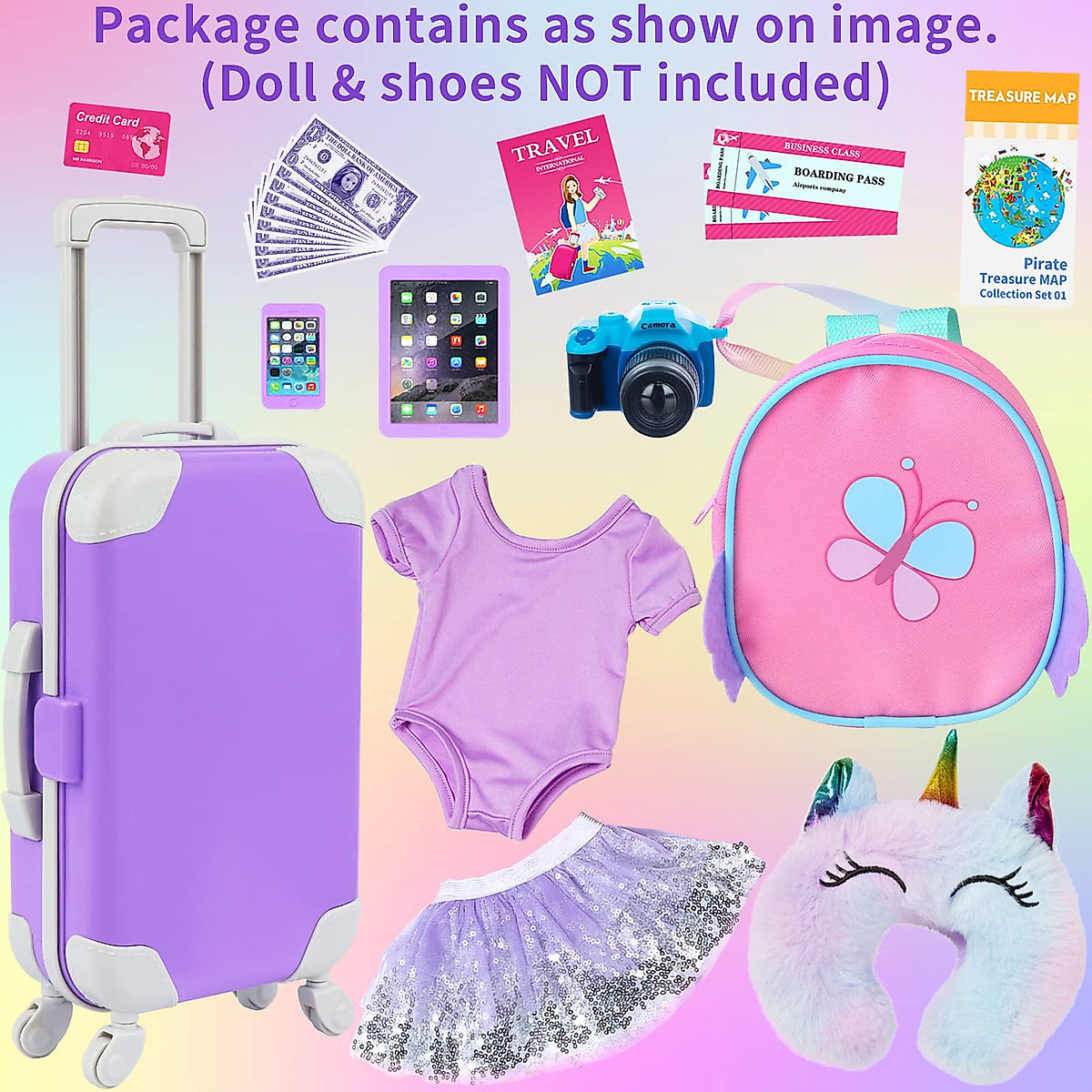 K.T. Fancy 23 pcs American 18 Inch Doll Accessories Suitcase Travel Luggage Play Set for 18 Inch Doll Travel Carrier, Sunglasses Camera Computer Phone Pad Travel Pillow Passport Tickets Cashes