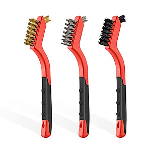 MAXMAN Wire Brush Set 3-Pack, Small Wire Brushes for Cleaning, Rust Remover, Dirt Cleaner, Metal Brush, Paint Scrubbing, 7" Deep Clean Detailing Tools, Brass/Stainless Steel/Nylon Bristles, Red.