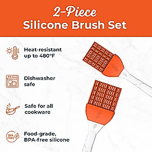 M KITCHEN WORLD Silicone Pastry Brush for Cooking 2 Pieces - Rubber Basting Brush with Grid, Kitchen Brushes Utensils for Food Sauce Butter Oil BBQ Spreading - Orange