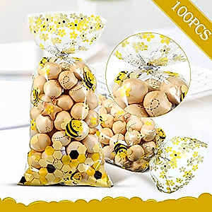 Outus 100 Pieces Bee Party Bags Treat Bags Yellow Honey Bee Cellophane Plastic Candy Bags Goodie Bags Bee Party Favor Bags with 100 Silver Twist Ties for Kid Bee Birthday Party Baby Shower Party Supplies