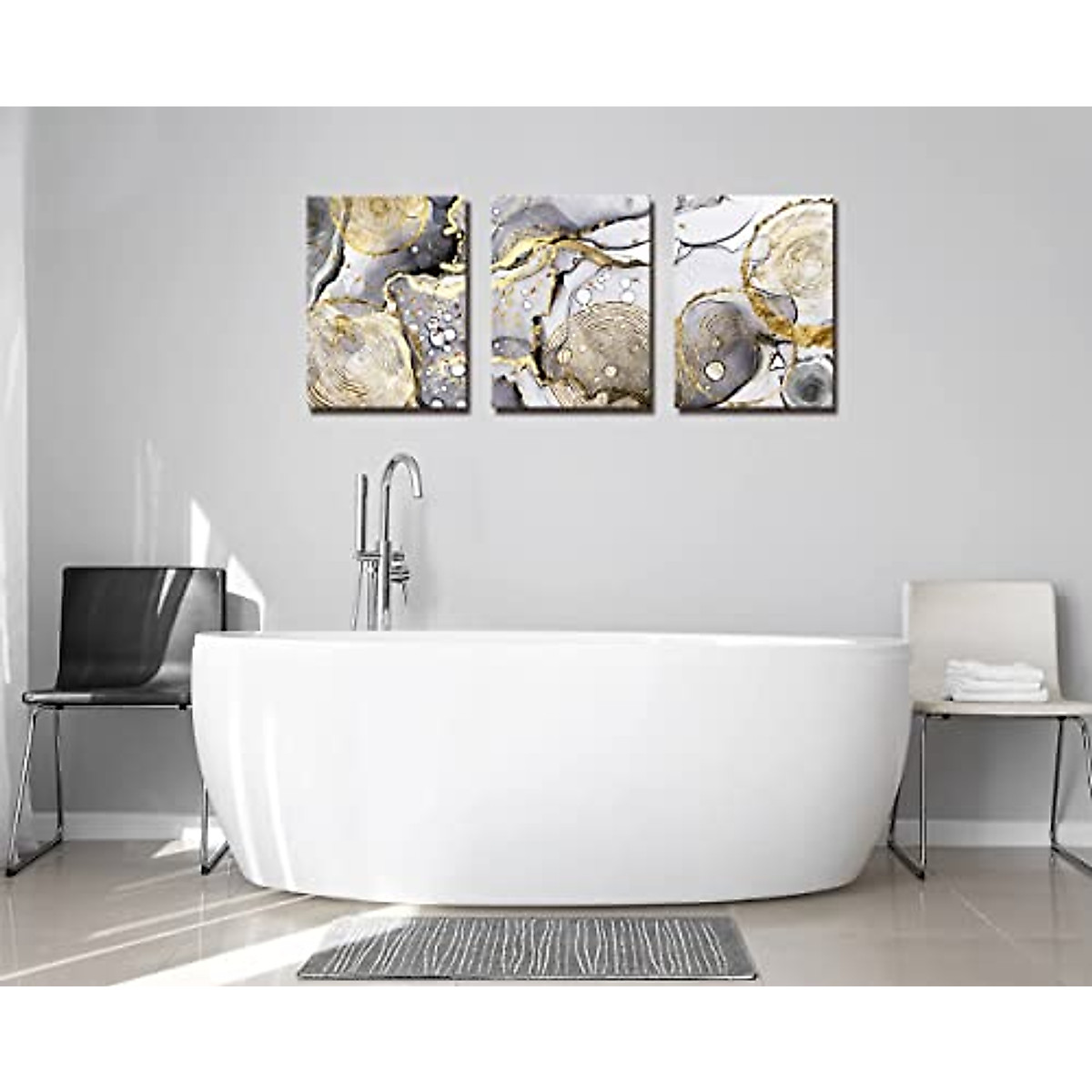 Gold Abstract Wall Art 3 Pieces Modern Framed Artwork Black and White Grey Gold Fluid Ink Annual Rings Pictures Canvas Prints Painting for Living Room Bedroom Kitchen and Office Wall Decor Home Decor
