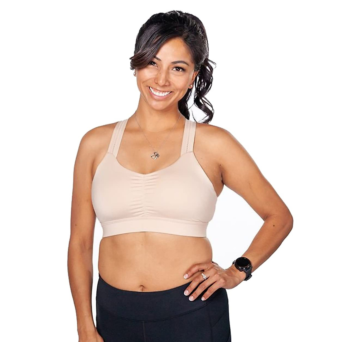 Handful Women's Y-Back Maximum Support Racerback Sports Bra with Removable Pads, Wire Free Yoga Bra, Have It All Honey, Large