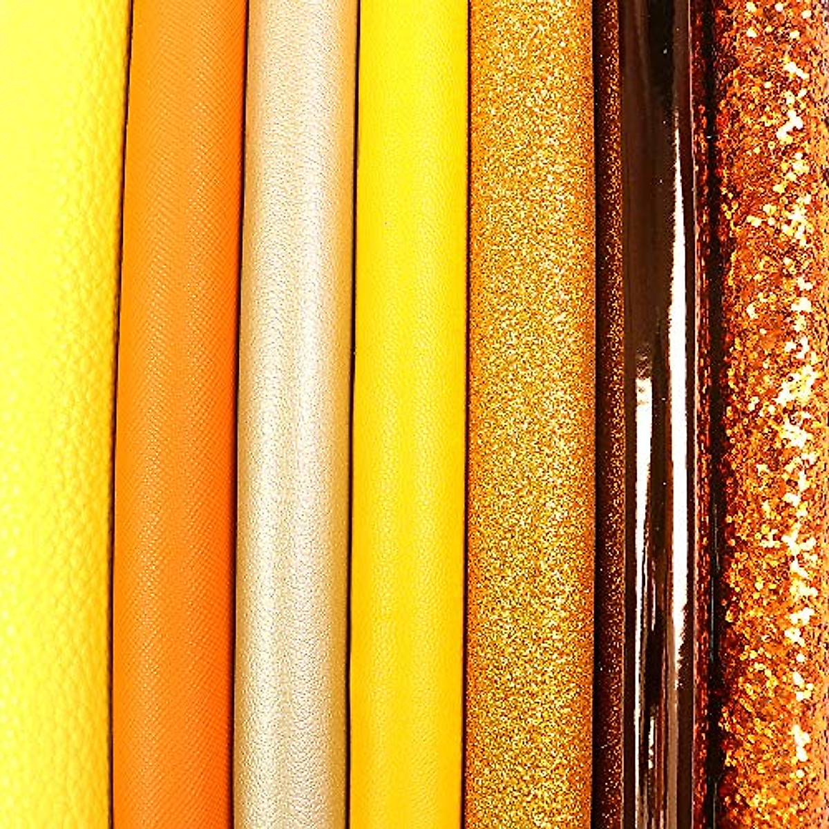 Yuanchuan 7Pcs/Set 8.3" x 12"(21cm x 30cm) A4 Bundle Leather Sheets Mixed Golden Series Solid Colors Texture Embossed Faux Leather Sheets Glitter Faux Leather Fabric Bow Earrings Making DIY Craft (Golden Set)