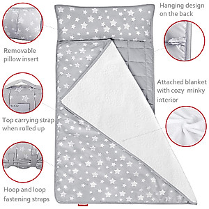 Moonsea Toddler Nap Mat with Removable Pillow and Fleece Minky Blanket, Lightweight, Soft Perfect for Kids Preschool, Daycare, Travel Sleeping Bag Boys and Girls, 21" x 50" Fit Standard Cot