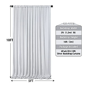 NSSONBEN Wrinkle Free 30ft×10ft Silver Grey Backdrop Curtain for Party Wedding 6 Panels 5ft×10ft Silver Grey Polyester Curtain for Backdrop Drapes Deco Birthday Baptism Photography Home