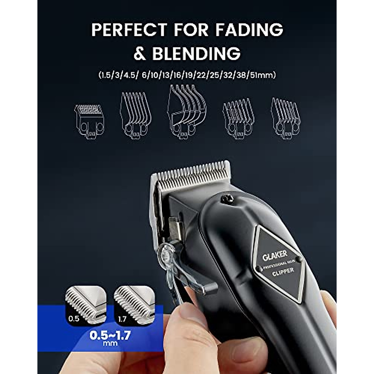 GLAKER Professional Hair Clippers for Men - Cordless Barber Clipper Hair Cutting Kit with 15 Guide Combs for Haircut, Trimming & Grooming