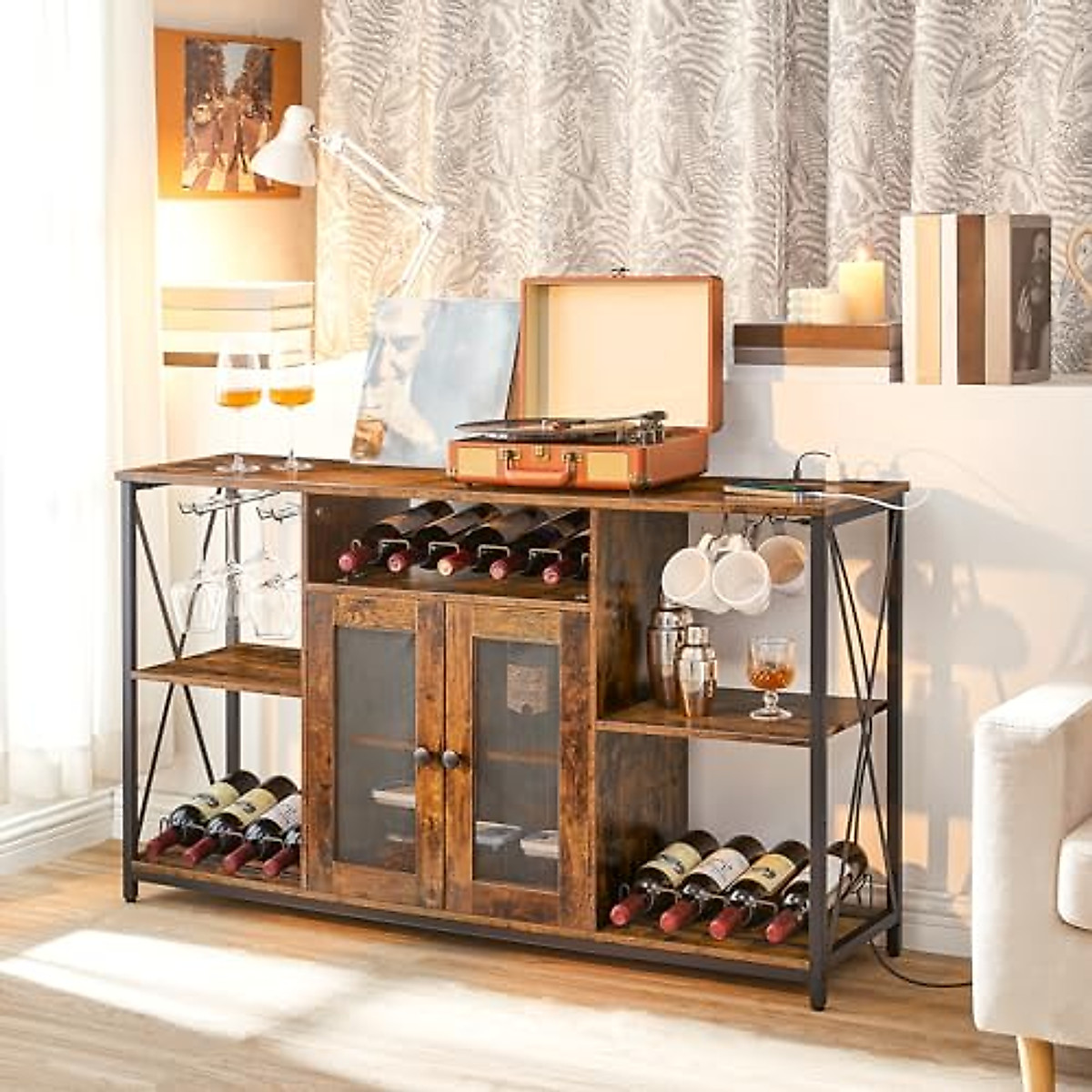 HOOBRO Wine Bar Cabinet with Led Lights and Power Outlets, Coffee Bar Cabinet for Glasses, Sideboard Buffet Cabinet, Liquor Cabinet for Dining, Living Room, Bar, Rustic Brown and Black BF13UDJG01