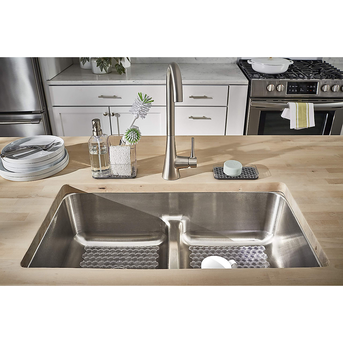 Spectrum Diversified Hexa Sponge & Brush Kitchen Organizer with Refillable Soap Pump, Sponge & Dish, Easy-Clean Sink Organization & Dish Brush Holder with Removable Base, Clear & Gray