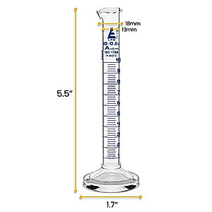 EISCO Graduated Cylinder, 10ml - Class A Tolerance ±0.10ml - Round Base - Blue Graduations - Borosilicate 3.3 Glass