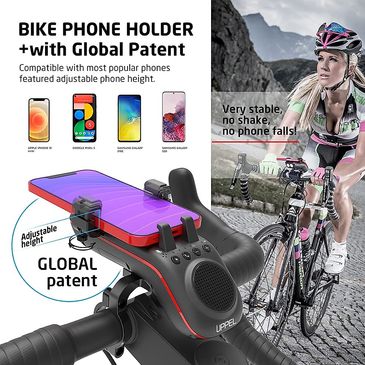 UPPEL Bluetooth Speaker Bicycle, Multifunctional Bike Phone Holder 10-in-1- LED Light - Power Bank - Bike Horn - Microphone - Ideal for Road & Mountain Bike (Black)