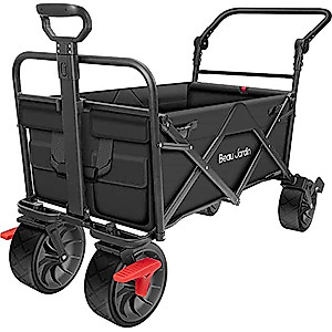 BEAU JARDIN Collapsible Folding Beach Wagon Cart 350lbs Foldable All Terrain Wagon 100L Utility Camping Grocery Portable Outdoor Garden Sport Shopping Heavy Duty Push Pull Wagon Black