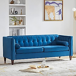 Dreamsir 58'' W Velvet Sofa, Mid-Century Love Seats Sofa Furniture with Bolster Pillows, Button Tufted Couch for Living Room, Tool-Free Assembly (Loveseat, Navy Blue)