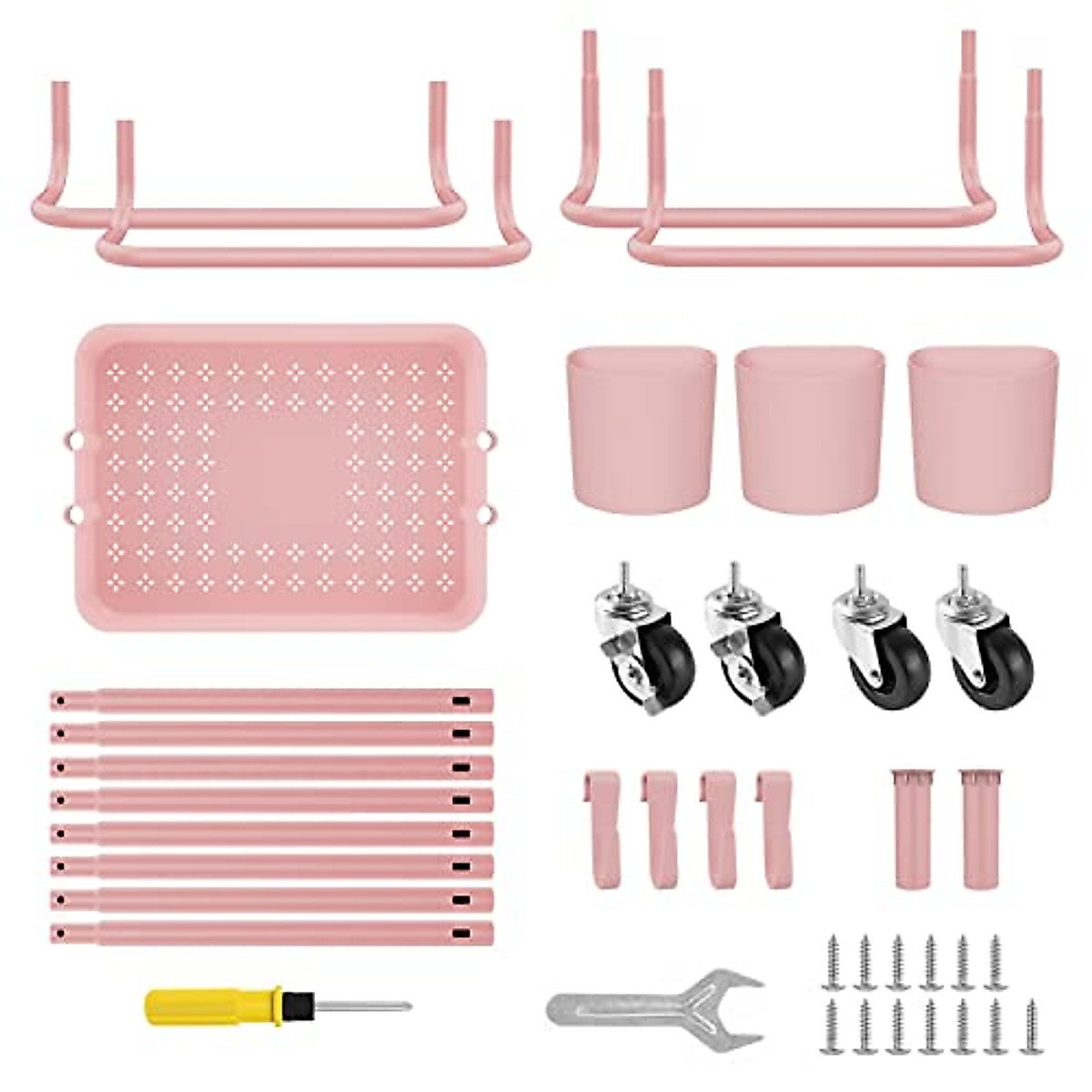 3-Tier Rolling Mobile Utility Cart with Hanging Cups & Hooks & Handle Multifunctional Organizer Storage Trolley Service Cart with Wheels Easy Assembly for Office, Bathroom, Kitchen(Pink)