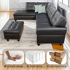 Yafylly L Shaped Sectional Couch, Living Room Furniture Set with Storage Ottoman, Deep Seat Modular Sofa with 2 Cup Holders, 2 Throw Pillows for Large Space, Black