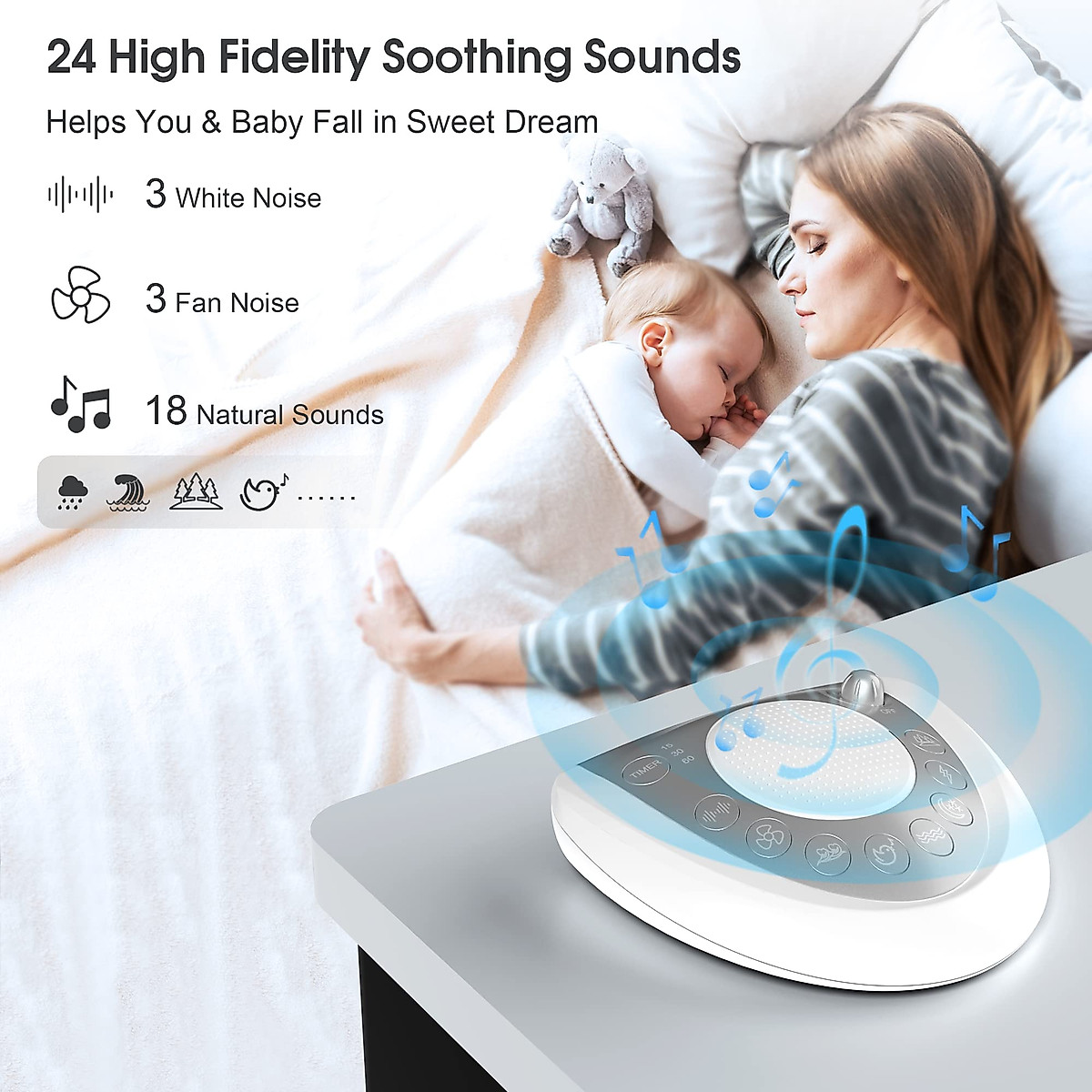 White Noise Sound Machine for Sleeping Baby Kid Adult Office Privacy with 24 Soothing Sounds, Portable Sleep Machine White Noise Fan Natural Sound, Battery & Plug, Timer, 2 USB Charger, Headphone Jack