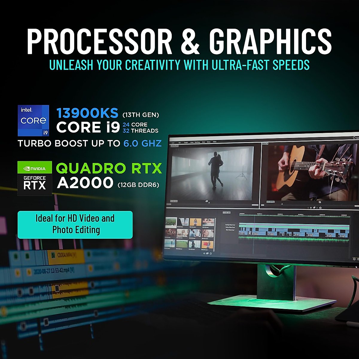 CPU Solutions Video Editing PC, CEV-8965-A12 - HD Video Editing Workstation- Intel i9-13900KS, 6.0GHz Turbo Boost 24-Core, 32GB DDR5 RAM, 2TB NVMe SSD, Quadro RTX A2000, Windows 11 Pro Computer Tower