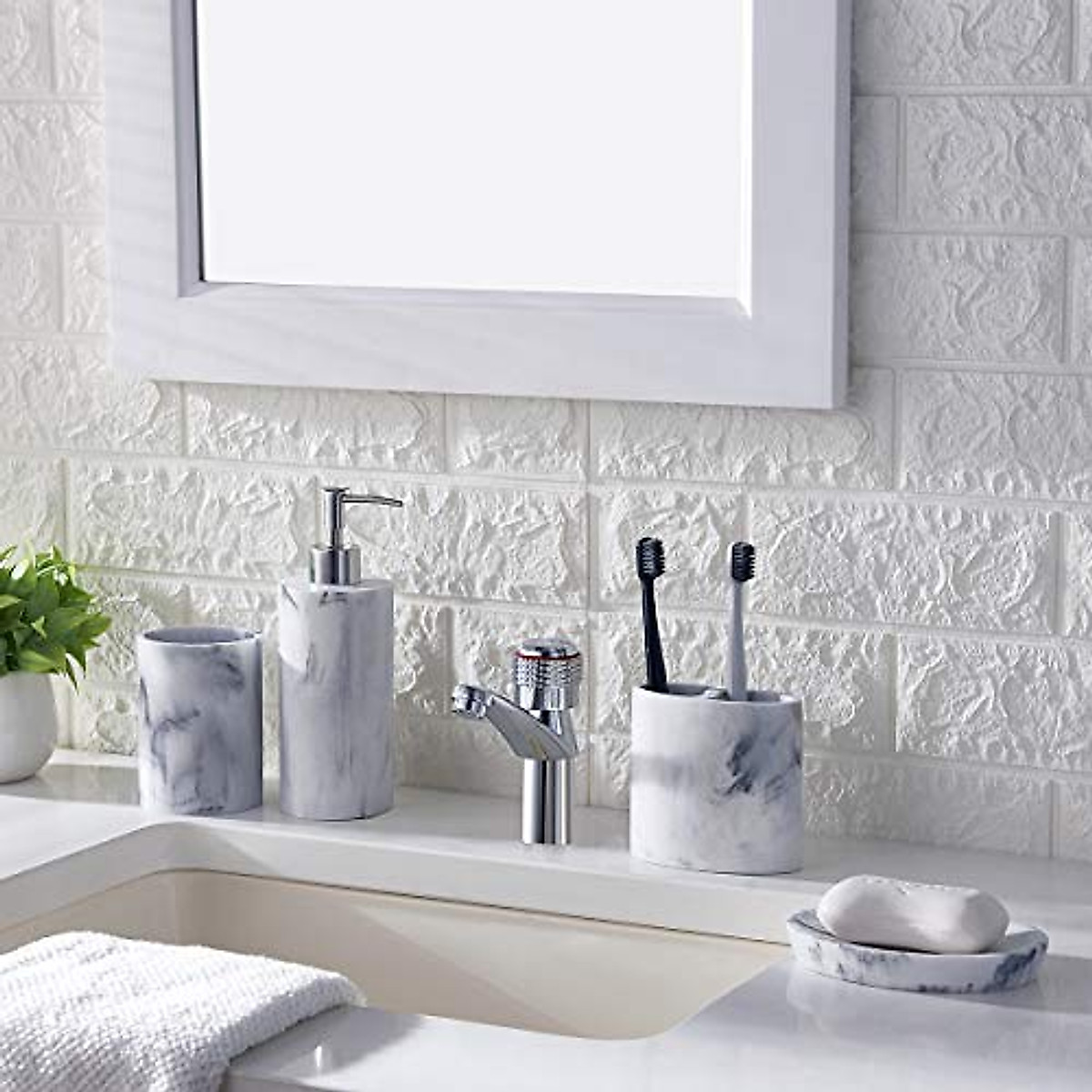 ZCCZ Bathroom Accessory Set, 4 Pcs Marble Look Bathroom Vanity Countertop Accessory Set Bathroom Décor Sets Accessories with Soap Dispenser Bathroom Toothbrush Holder Set, Bathroom Tumbler, Soap Dish