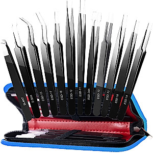 Antonki 12 Pack Precision Tweezers Set, Point and Slant Metal Tweezer Kits for Craft, Soldering, Jewelry, Ingrown Hair, Eyelash Extension, Eyebrow - with Case