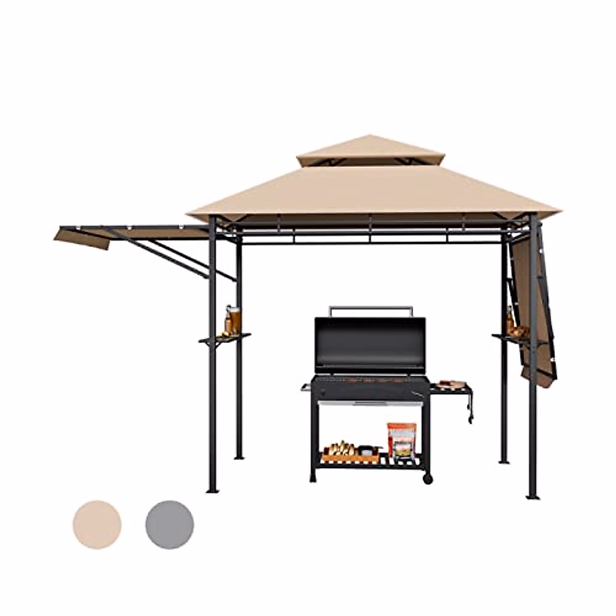 Double Tiered Grill Gazebo, 13.5 x 4 Feet Patio BBQ Grill Gazebo with Dual Side Awnings Outdoor BBQ Patio Canopy Tent (Beige)