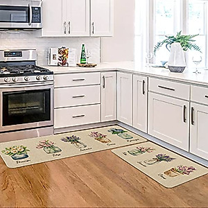 Artoid Mode Tulip Lavender Hydrangea Flowers Spring Kitchen Mats Set of 2, Home Decor Low-Profile Kitchen Rugs for Floor - 17x29 and 17x47 Inch